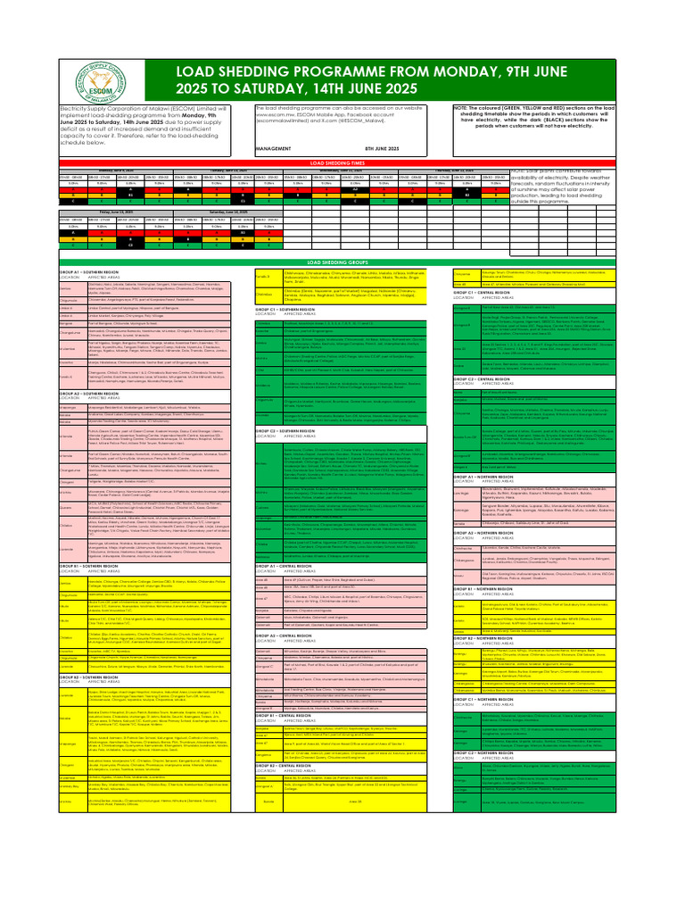 Load Shedding Programme From Monday 9th June 2025 To Saturday 14th June ...
