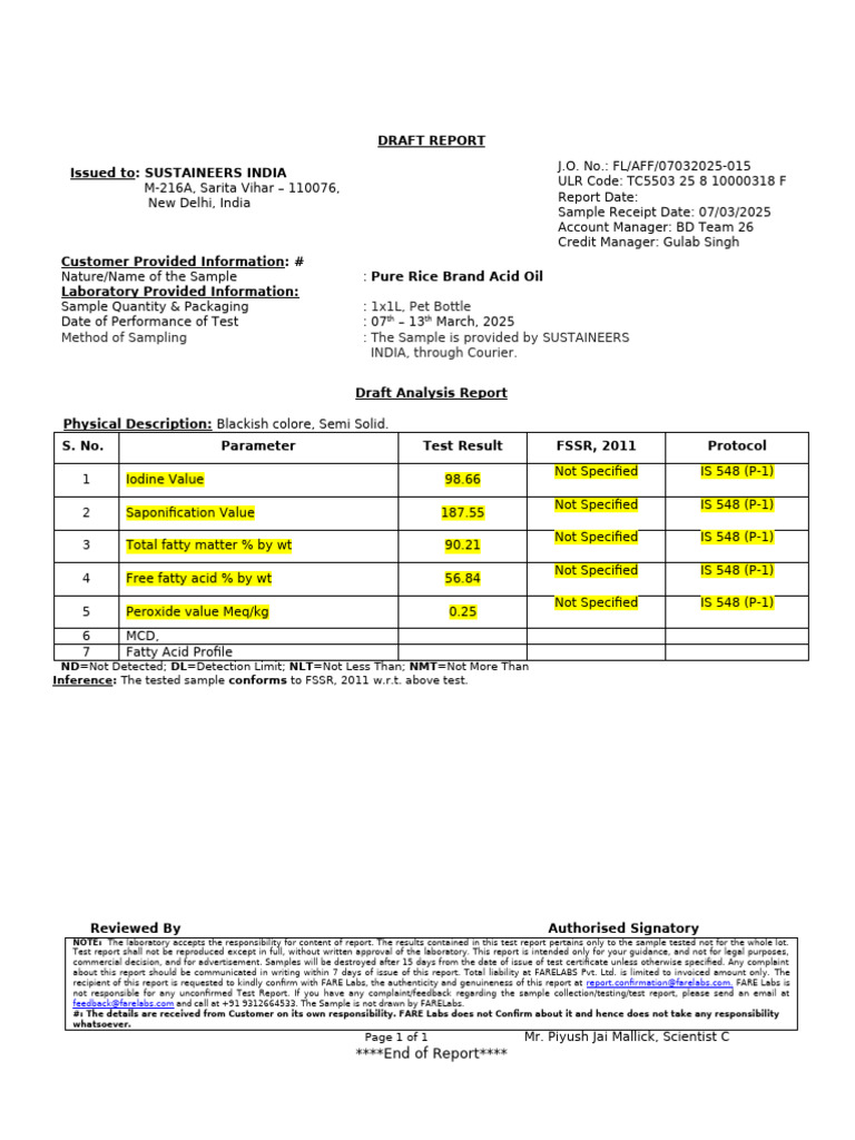 Pure Rice Brand Acid Oil | PDF