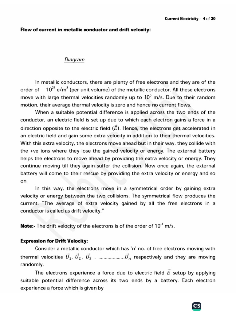 Drift Velocity, Relation Between Current and Drift Velocity | PDF