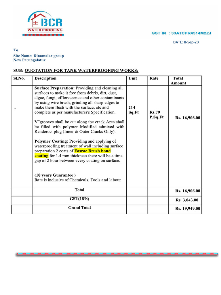 Quotation For Kamaleswari Flats OHT Waterproofing | PDF