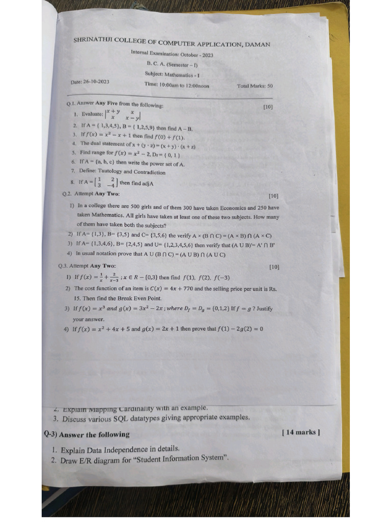 Maths Questions Paper For Sem 1 Bca Students | PDF