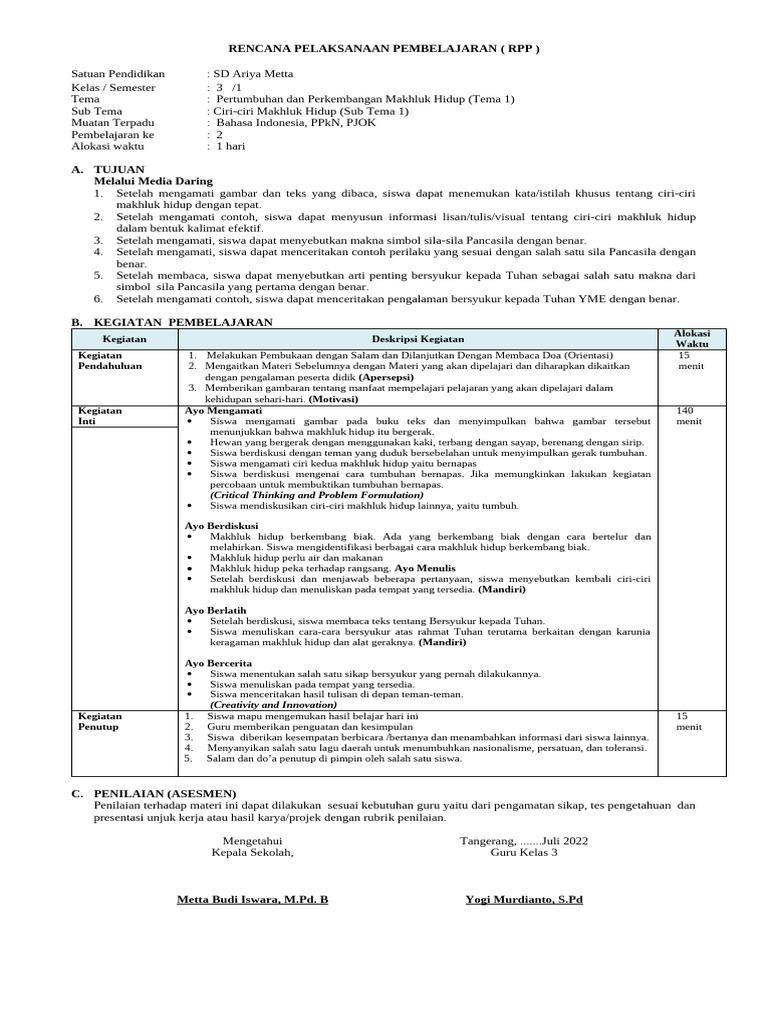 RPP Tema 1 Sub Tema 1 Pembelajaran 2 | PDF