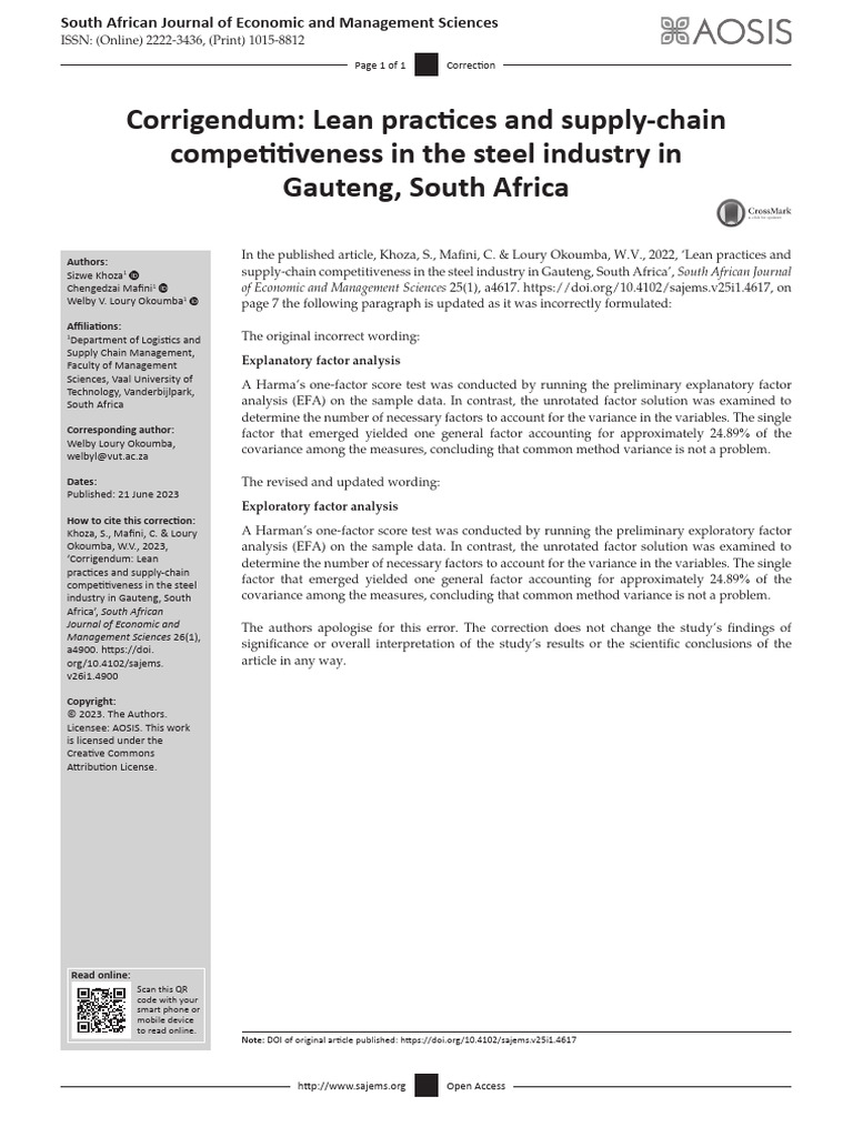 Khoza Et Al. 2022 - Lean Practices and Supply Chain Competitiveness in The Steel Industry in ...