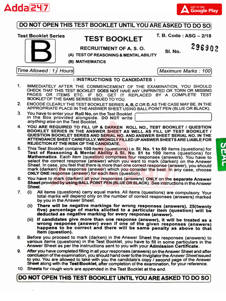 OPSC ASO 2018 PYQReasoning Math Paper | PDF