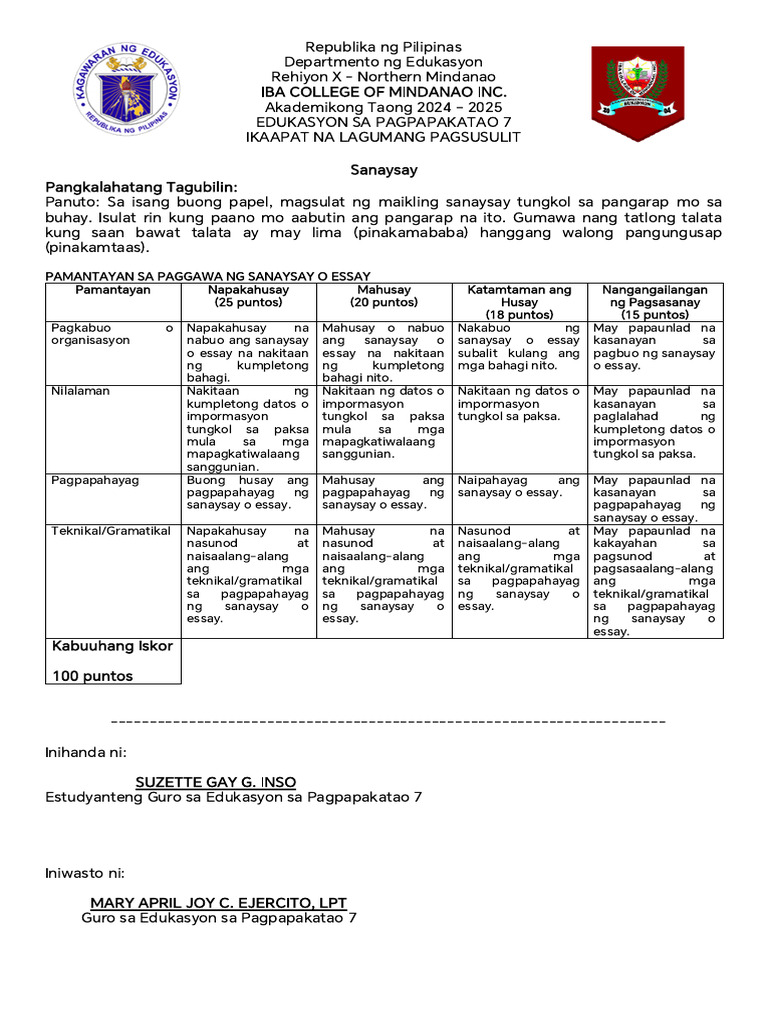 Summative Exam Esp7 | PDF