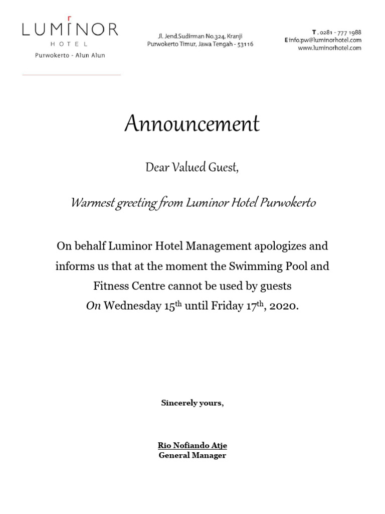 Announcement: Warmest Greeting From Luminor Hotel Purwokerto | PDF