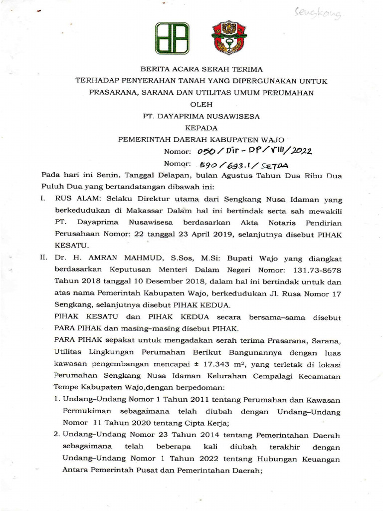 Serah Terima Per. Sengkang DGN Bupati | PDF