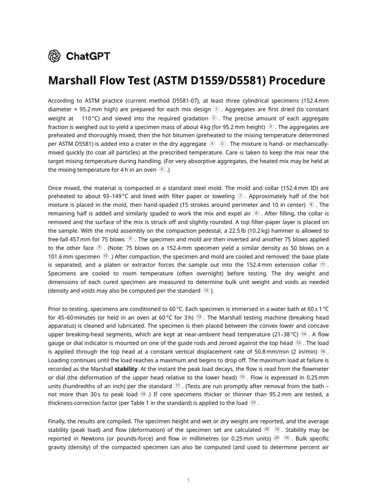 Marshall Flow Test (ASTM D1559_D5581) Procedure | PDF | Density ...