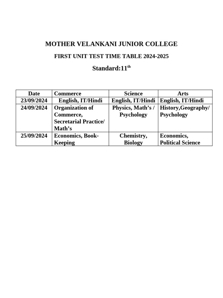 11th First Unit Test Time Table | PDF
