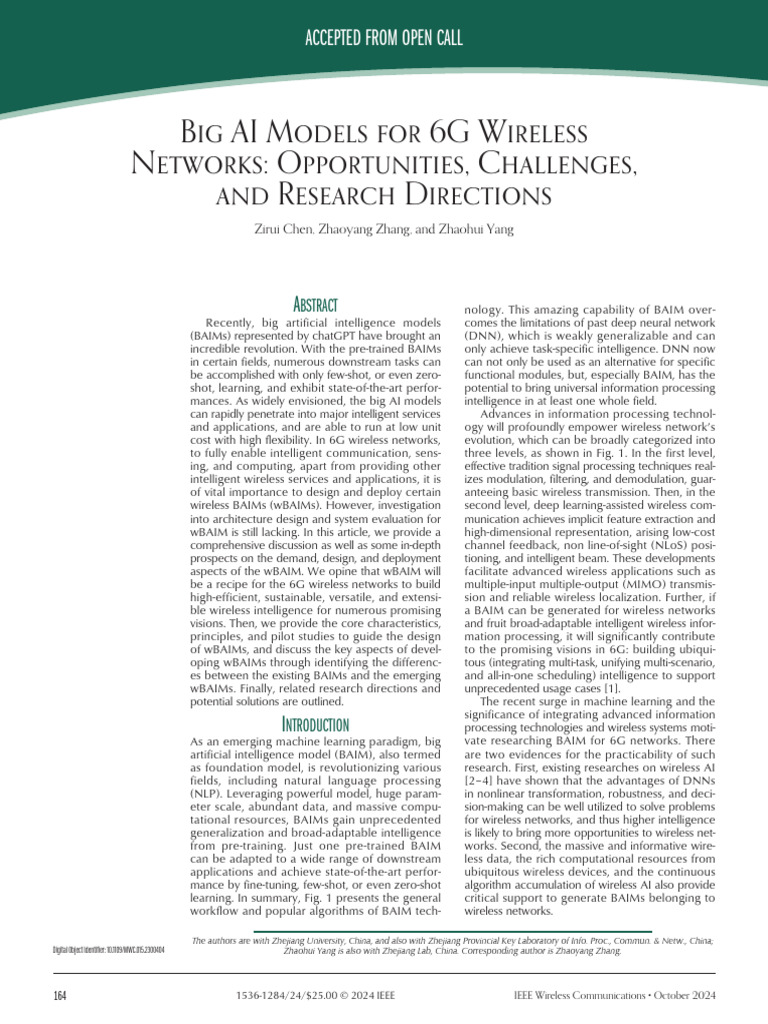 Big AI Models For 6G Wireless Networks Opportunities Challenges and Research Directions | PDF ...