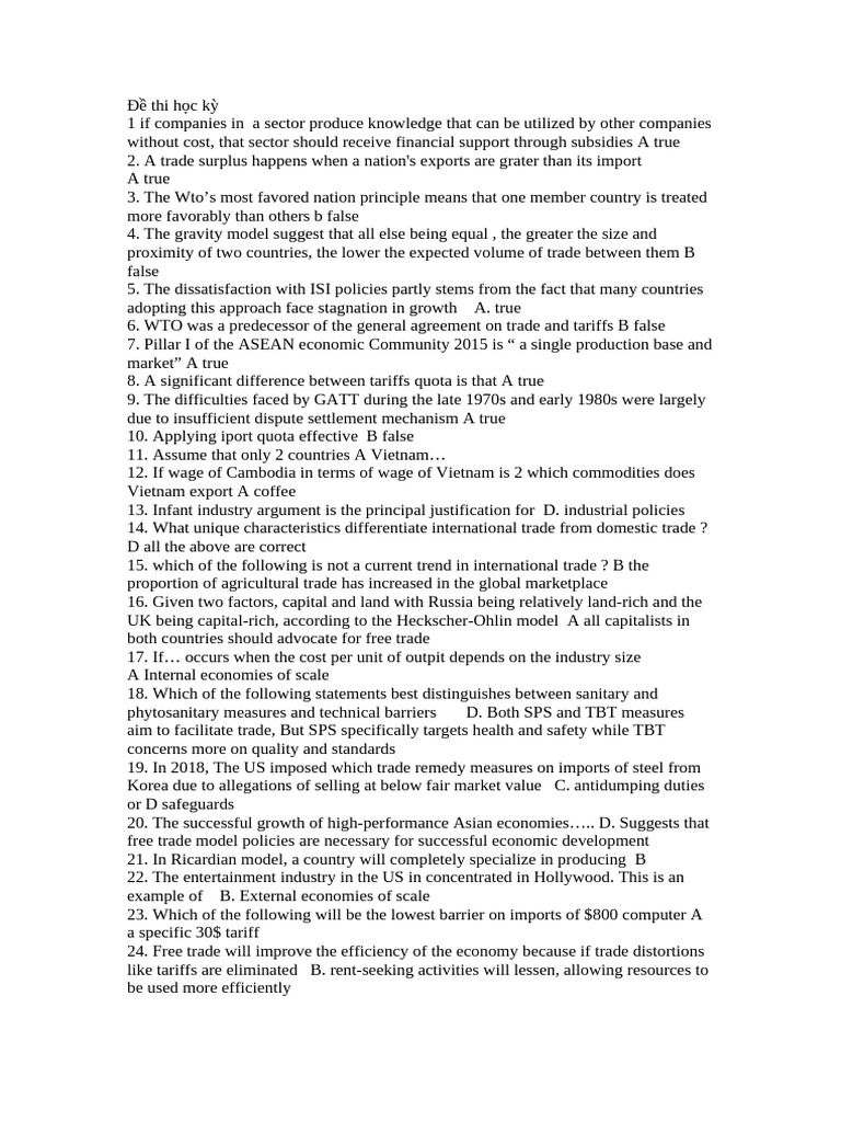 Đề thi học kỳ TMQT | PDF | Free Trade | Tariff