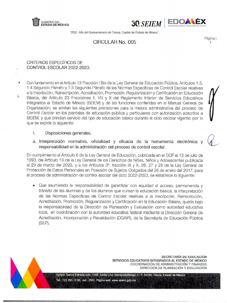 CIRCULAR No. 005 Proceso de Mejora Control Escolar | PDF