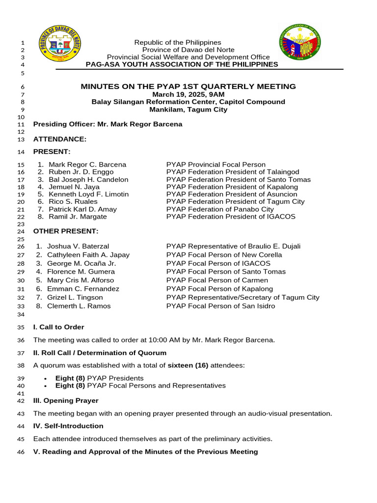 PYAP 1st Quarterly Meeting Province | PDF