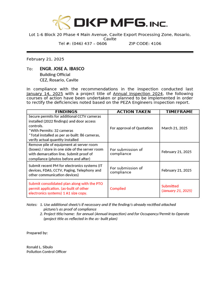 Corrective Action Plan On PEZA ENGR Annual Inspection 2024 ...