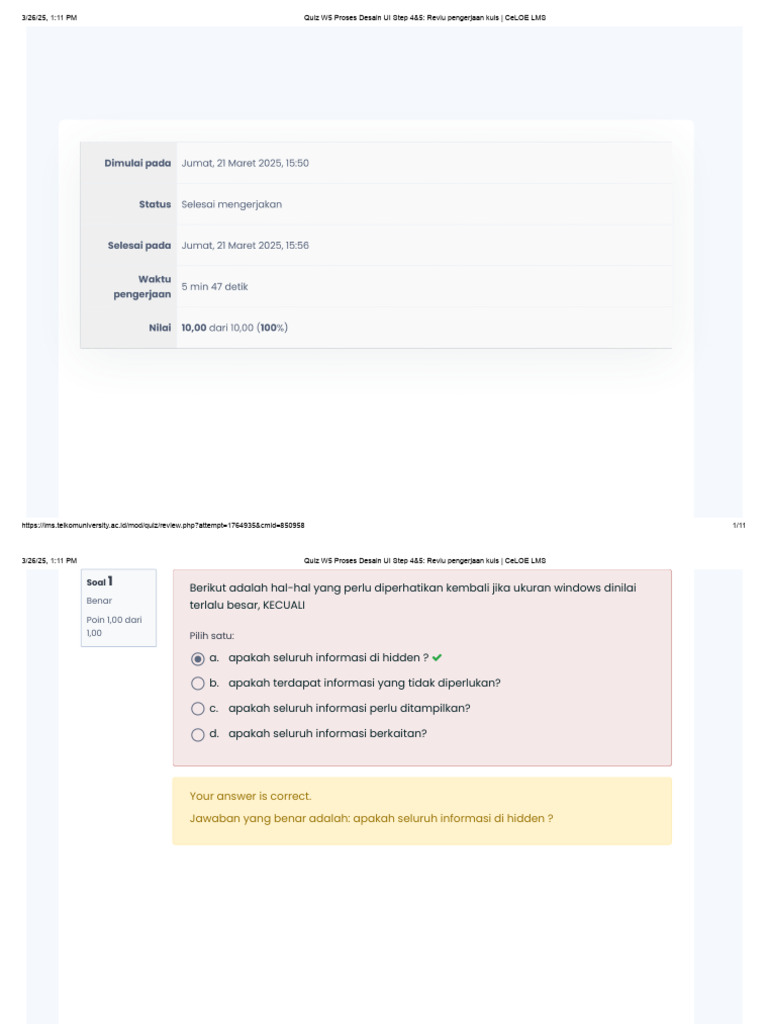 Quiz W5 Proses Desain UI Step 4&5 - Reviu Pengerjaan Kuis - CeLOE LMS | PDF
