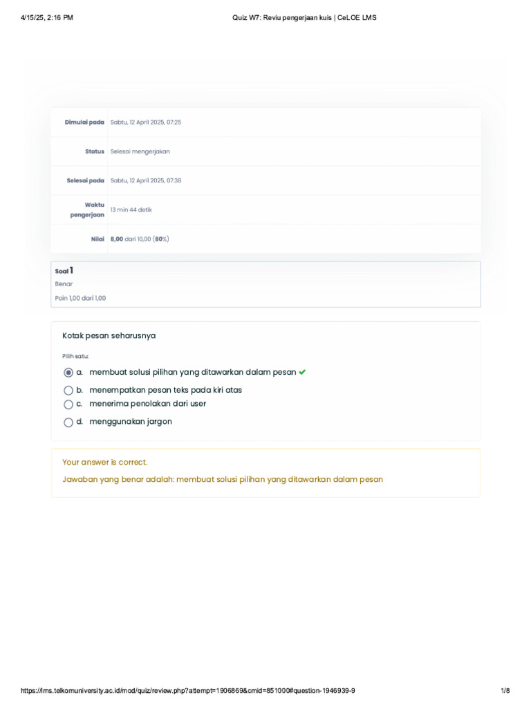 Quiz W7 - Reviu Pengerjaan Kuis - CeLOE LMS | PDF