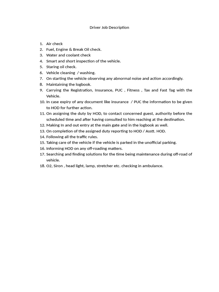 Driver Job Description | PDF