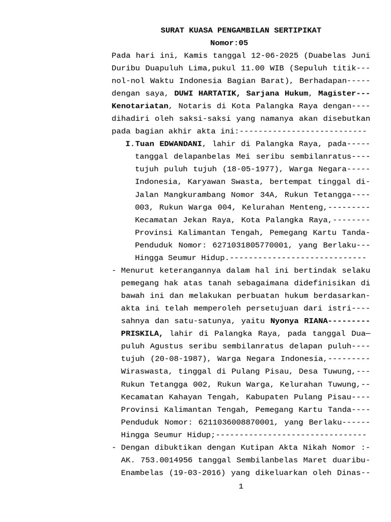 Salinan Surat Kuasa Pengambilan Sertipikat Atas Nama Bpk. Edwandani | PDF
