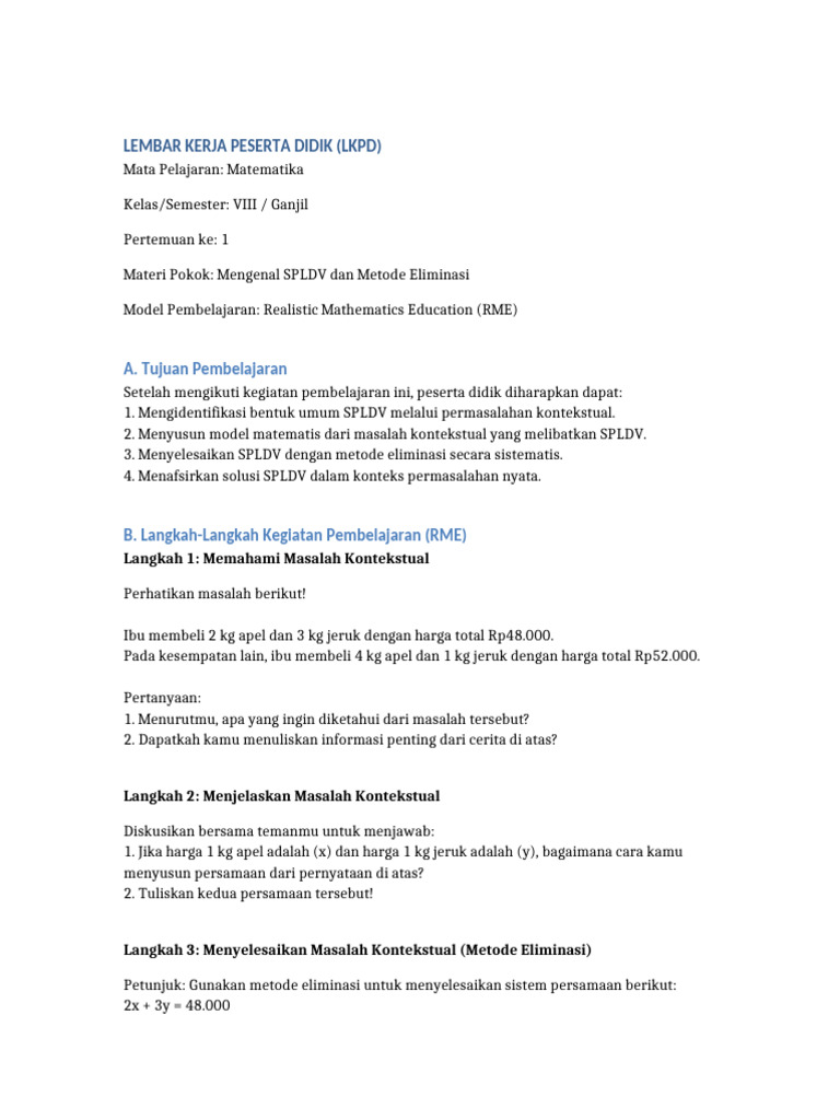 LKPD SPLDV Pertemuan 1 | PDF