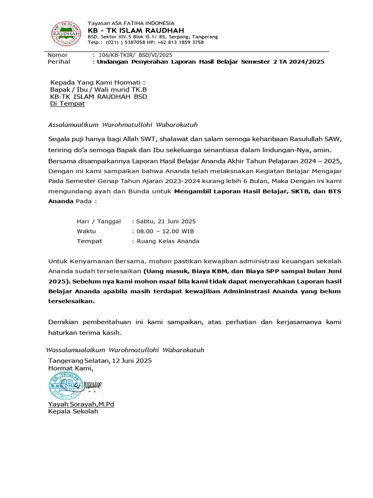 Undangan Laporan Hasil Belajar TK Raudhah | PDF