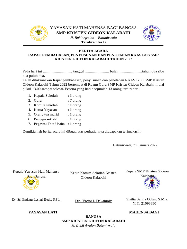 Berita Acara Dan Daftar Hadir Penyusunan RKAS BOS 2022 | PDF