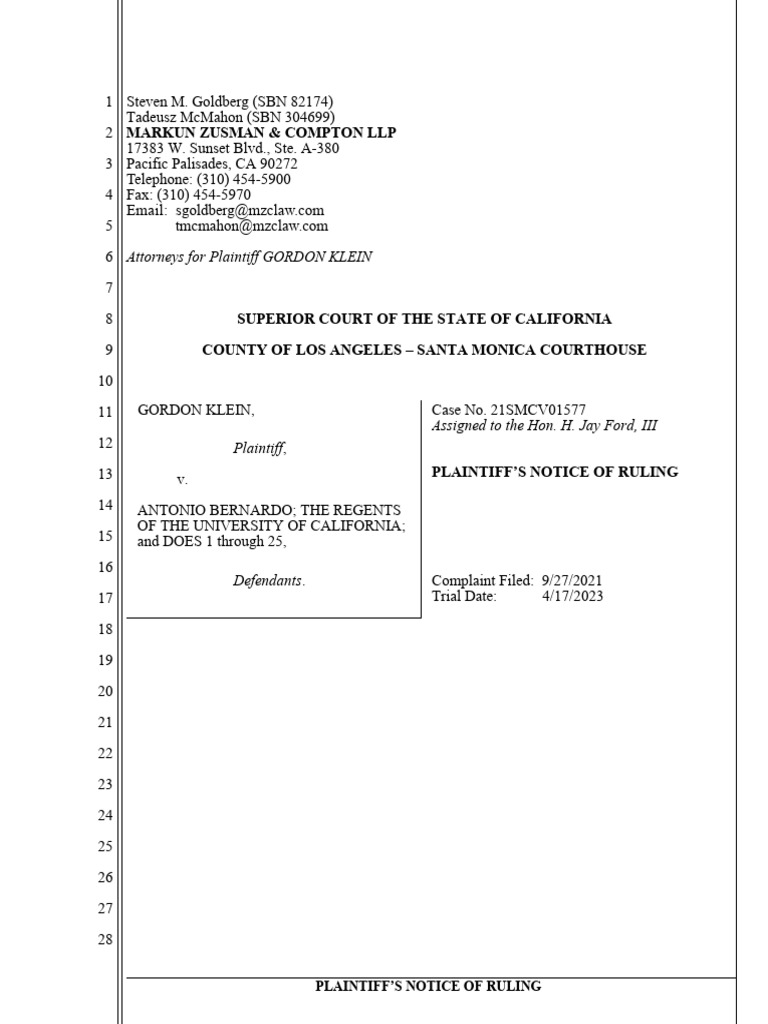 Gordon-Klein-v.-Bernardo-UCLA-Plaintiffs-Notice-of-Ruling-3-31-2022 ...