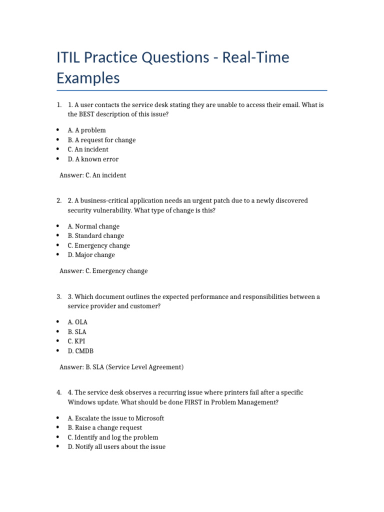 ITIL Practice Questions | PDF | It Service Management | Service Level ...