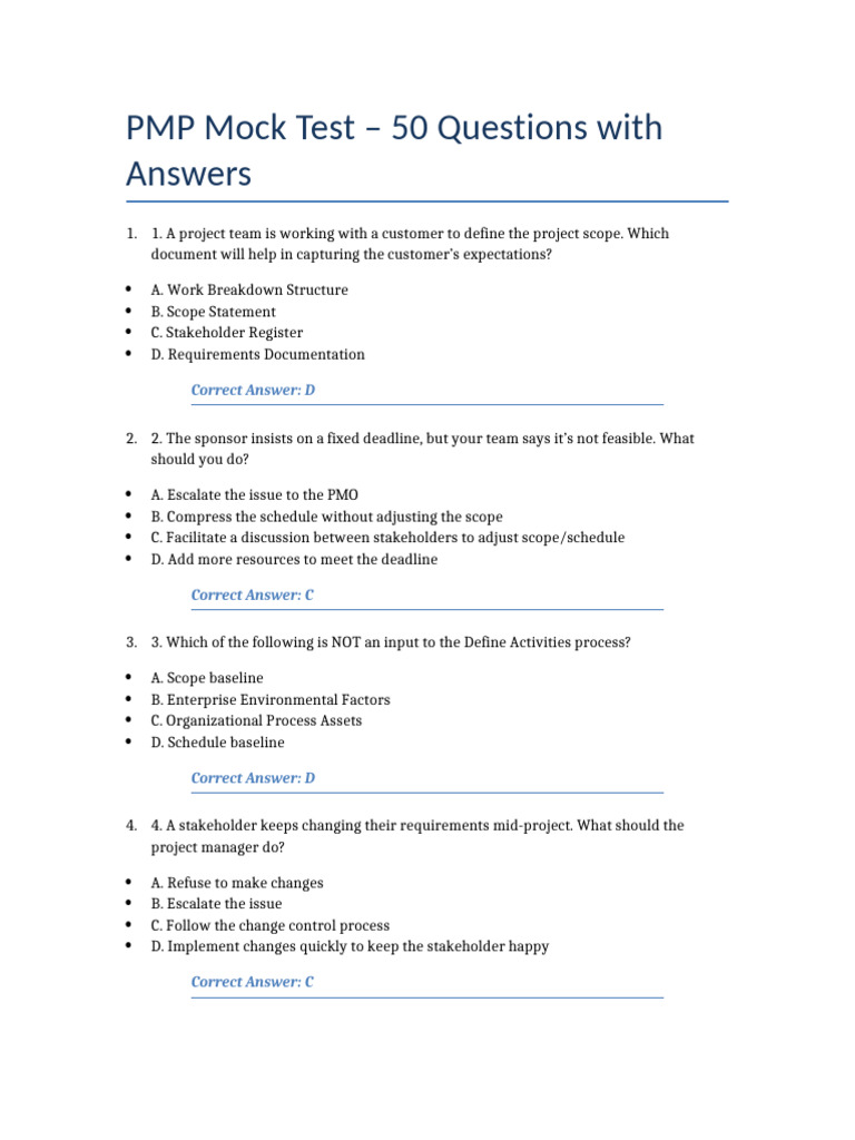 PMP Mock Test: 50 Questions & Answers | PDF | Scrum (Software ...