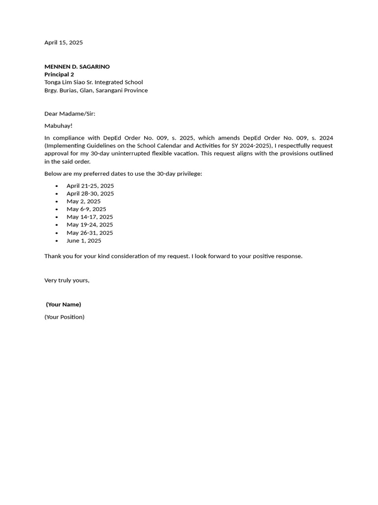 Letter of Vacation Approval | PDF