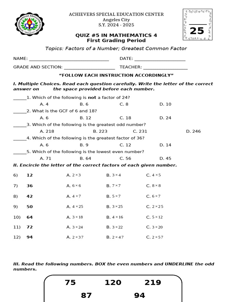 g4 Math Quiz#5 Factors and GCF | PDF | Mathematics