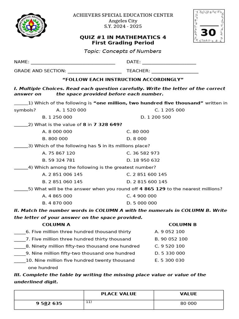 G4 MATH QUIZ#1 Concepts of Numbers | PDF | Mathematics