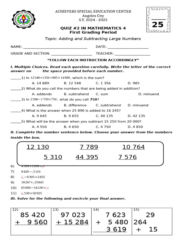 G4-MATH-QUIZ#2-Adding and Subtracting Large Numbers | PDF | Subtraction ...