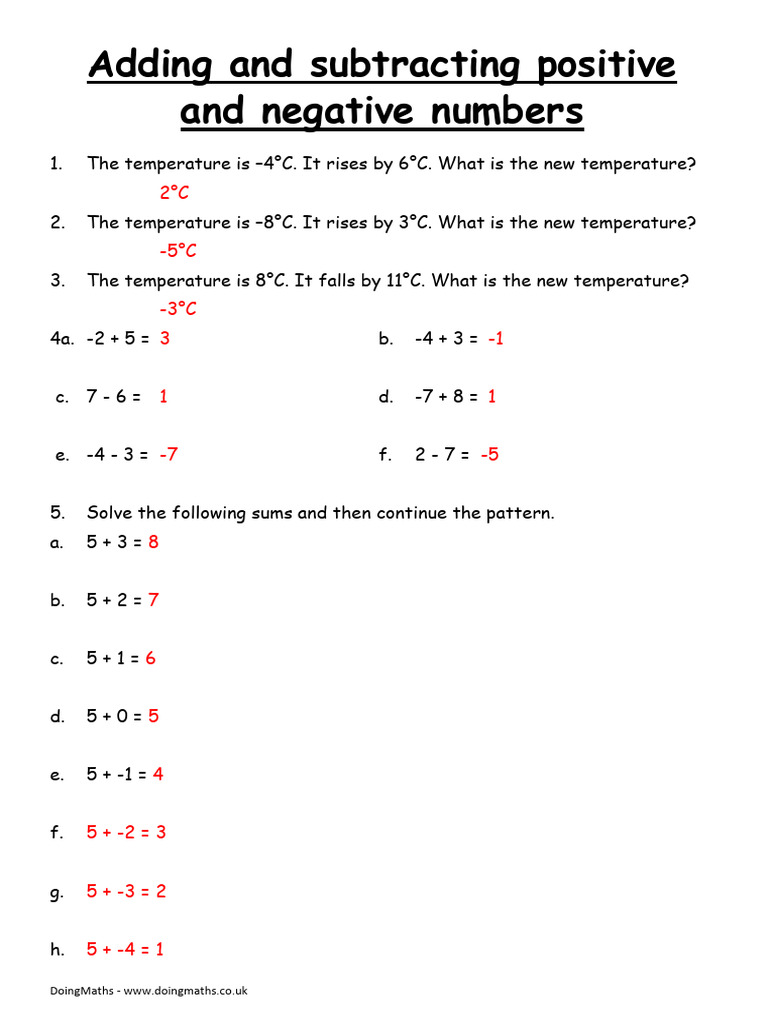 Adding and Subtracting Positive and Negative Numbers Answer Sheet | PDF