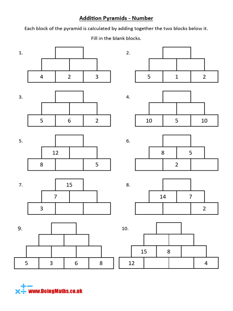 Addition Pyramid Worksheet for Grades 1-5 | PDF