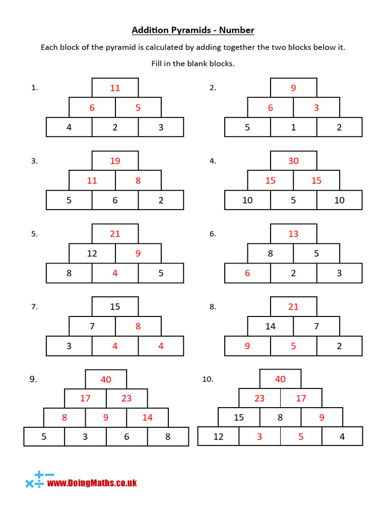 Addition Pyramid A Answer Sheet | PDF