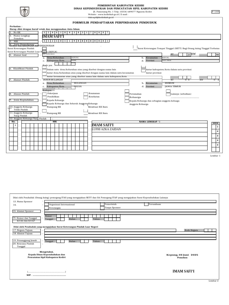 F-1.03-Formulir Pendaftaran Perpindahan Kependudukan Logo Kediri_edit | PDF