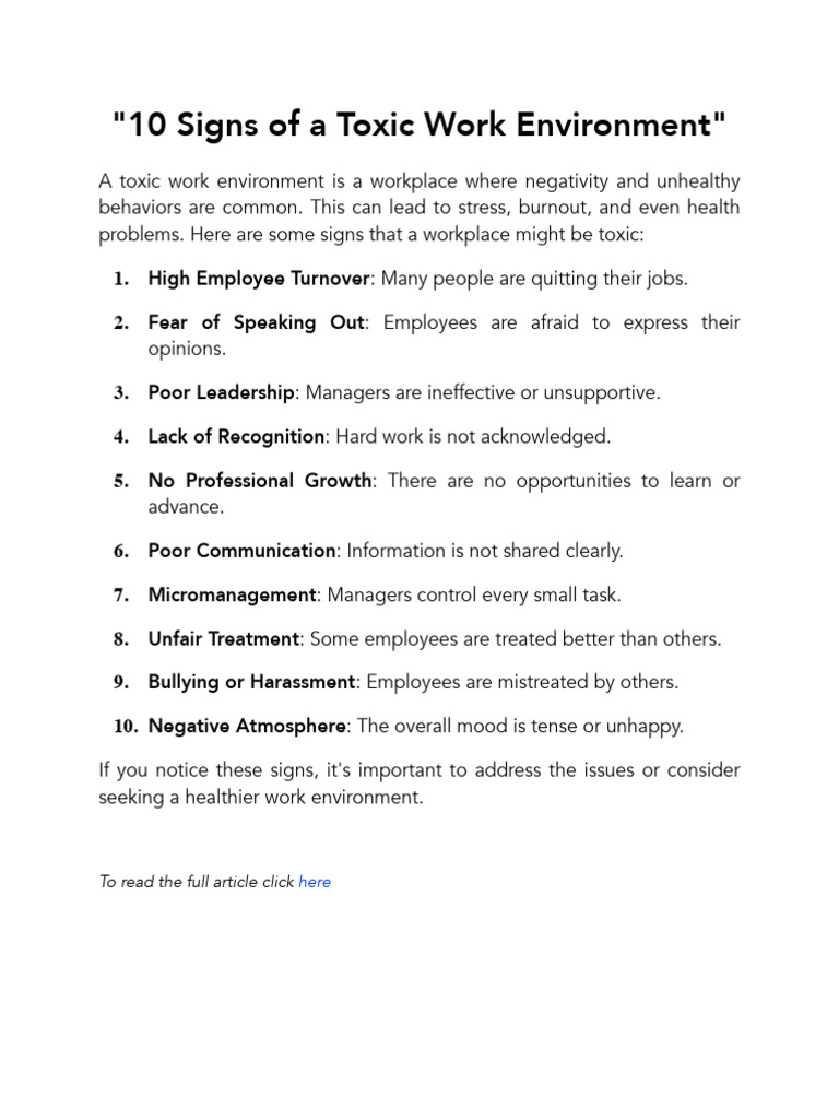 10 Sign of A Toxic Work Environment | PDF