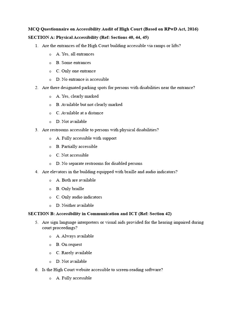 MCQ Questionnaire On Accessibility Audit of High Court | PDF ...