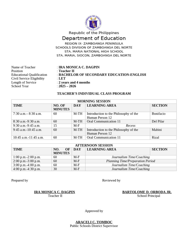 Teacher's Individual Class Program | PDF | Philippines