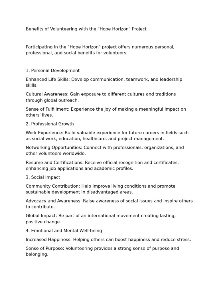 Benefits and Challenges of Hope Horizon Volunteering | PDF ...