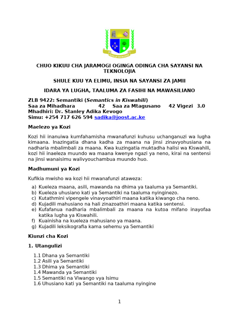 ZLB 9422 Semantiki Ya Kiswahili | PDF