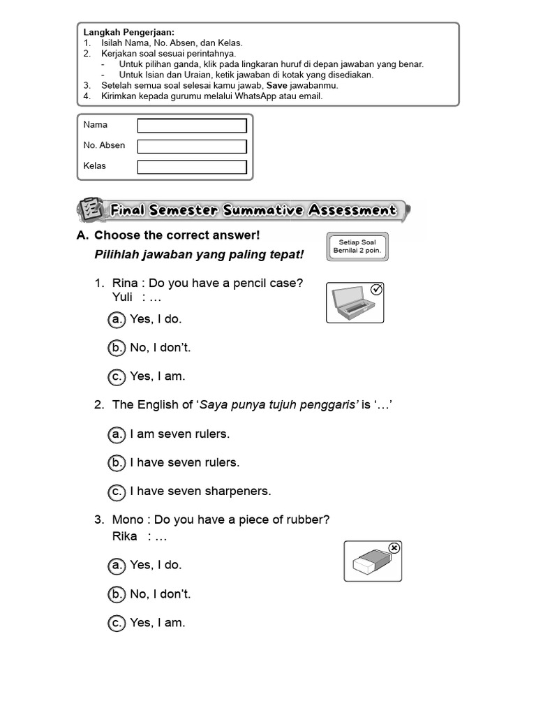 SD Bahasa Inggris 1 Final Semester Summative Assessment | PDF | Fruit