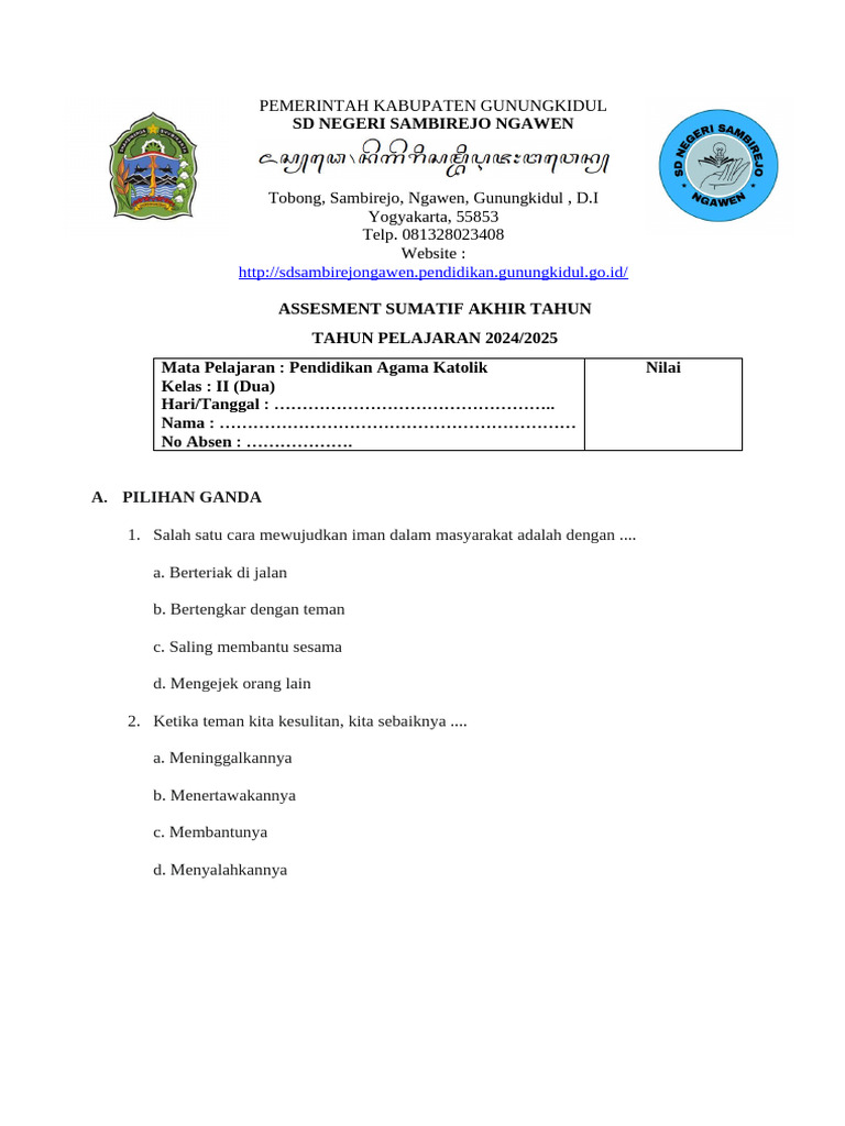 Assessment Akhir Tahun Agama Katolik Kelas II | PDF