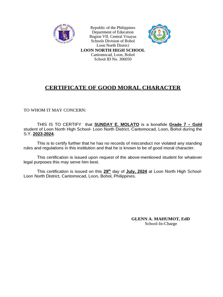 Cert of Good Moral | PDF