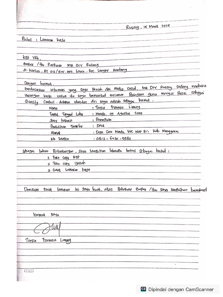 Surat Lamaran MR Diy Lawir Ruteng | PDF