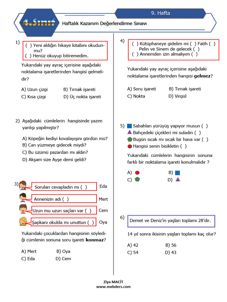 Haftalık Kazanım Değerlendirme Sınavı: 9. Hafta | PDF