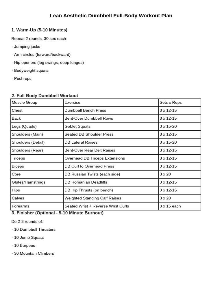 Lean Aesthetic Dumbbell Workout | PDF