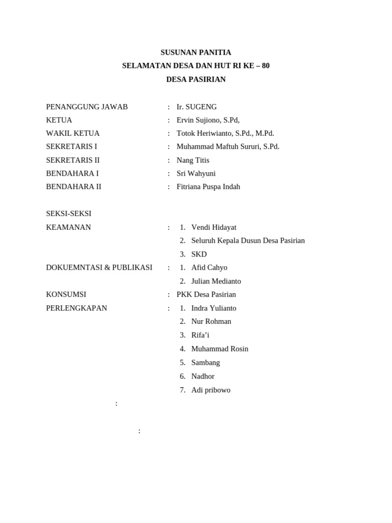 Susunan Panitia Selamatan Desa Dan Hut Ri Ke - 80 | PDF