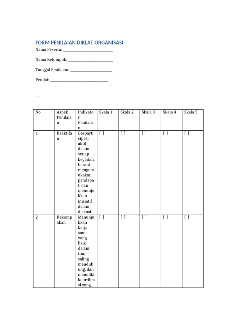 Form Penilaian Diklat Organisasi | PDF