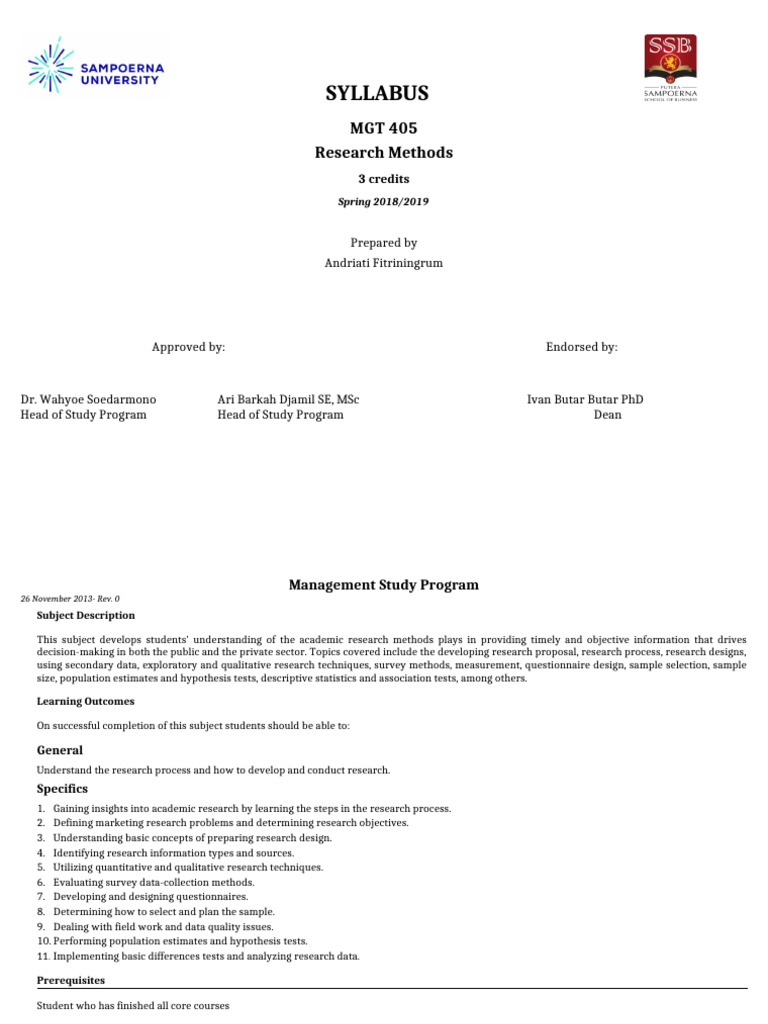 MGT 405 Research Methods Syllabus Spring 2019 | PDF | Statistics ...